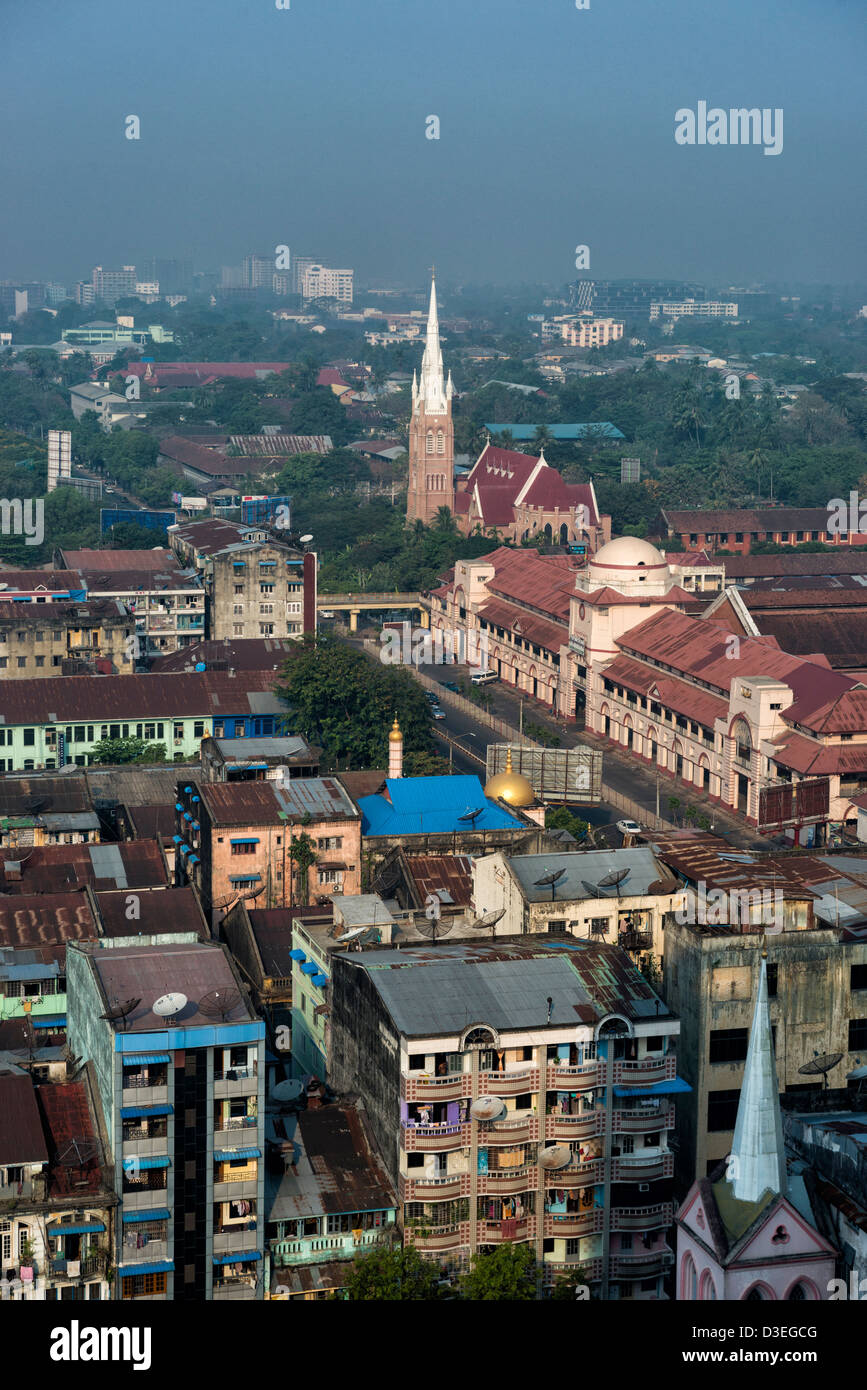 Skyline of central Yangon city with old and new buildings Rangoon ...