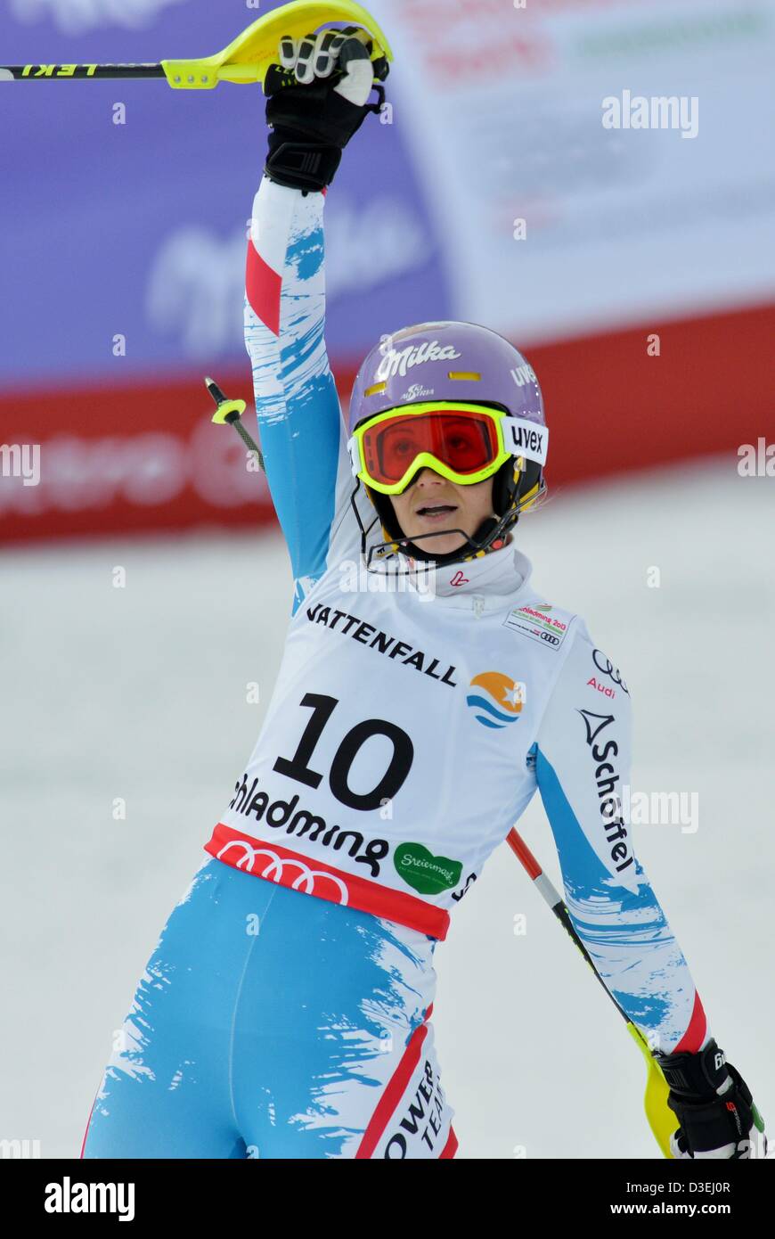 Michaela Kirchgasser of Austria celebrates in the finish area after ...