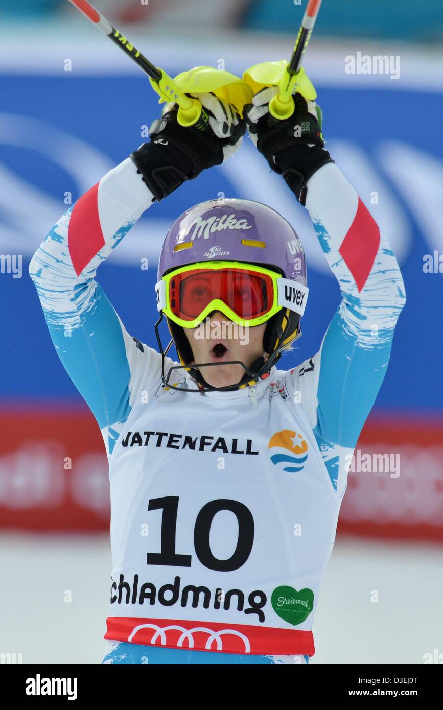 Michaela Kirchgasser of Austria celebrates in the finish area after ...