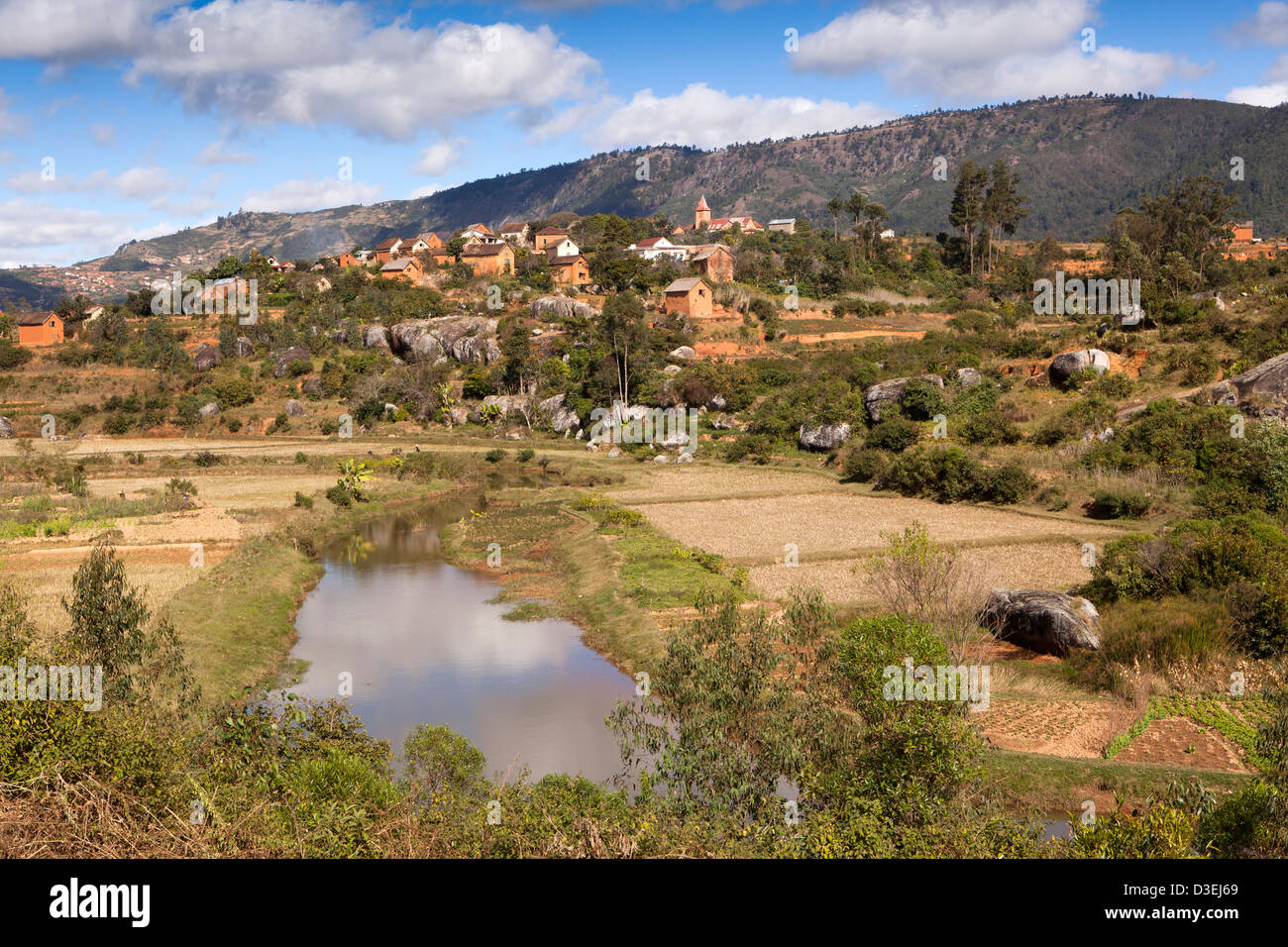 Madagascar, Ambositra, hilltop village and church on outskirts of town ...