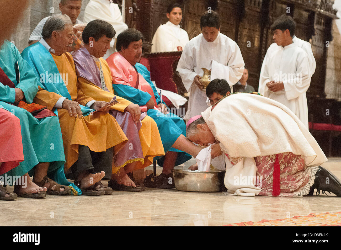Peru, Ayacucho. Holy Week. Archbishop of Ayacucho engaged in the rite ...
