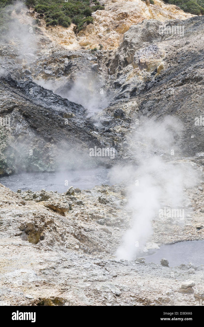 Sulphur gases and steam rise from the volcano at Soufriere in St Lucia ...