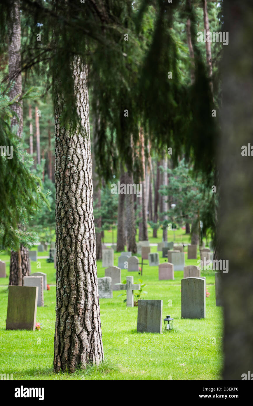 Grave stones and trees at skogskyrkogarden forest cemetery in Stockholm ...