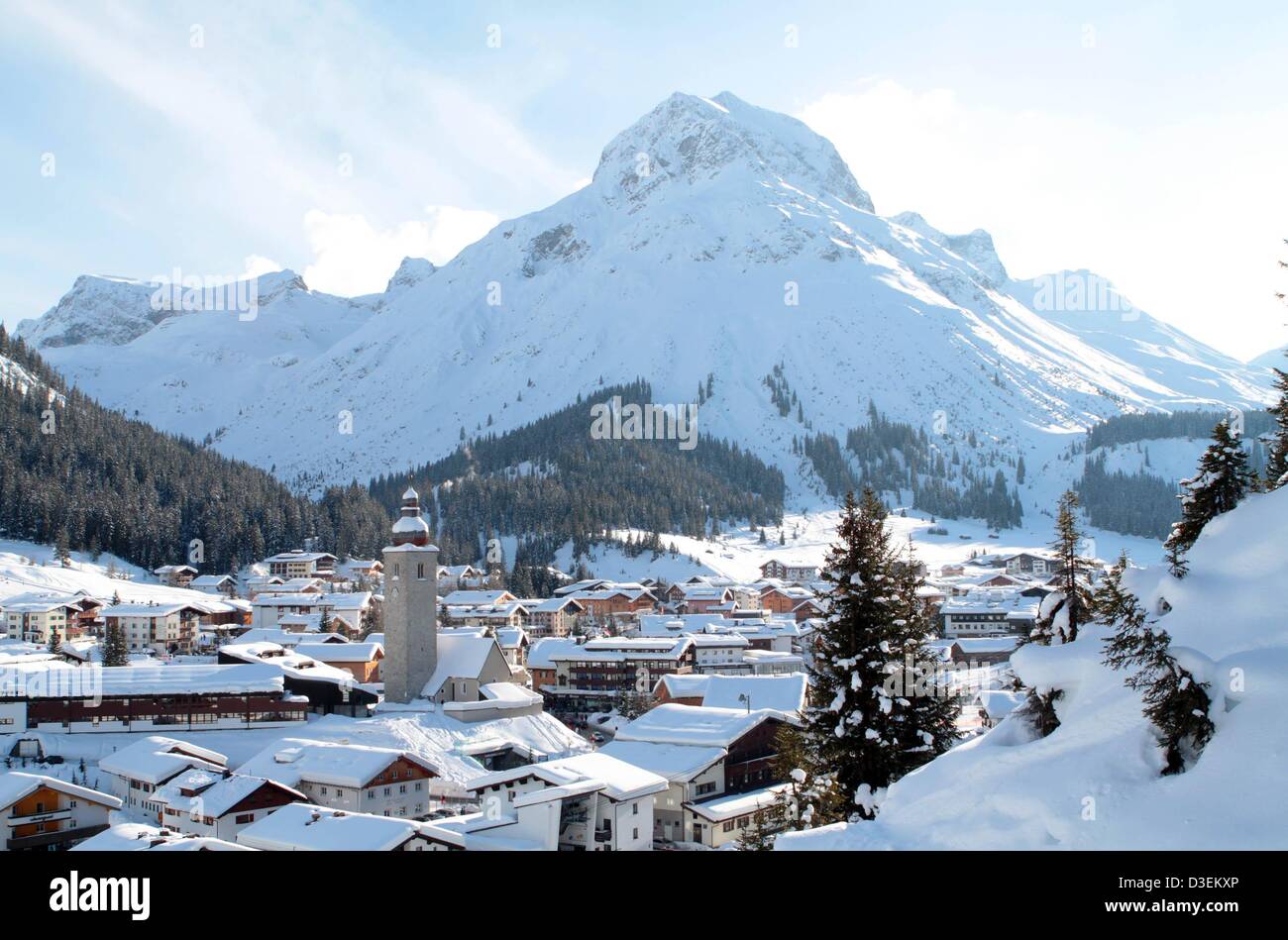 View of ski resort Lech, Austria, and the St. Nikolaus Kirche, pictured ...