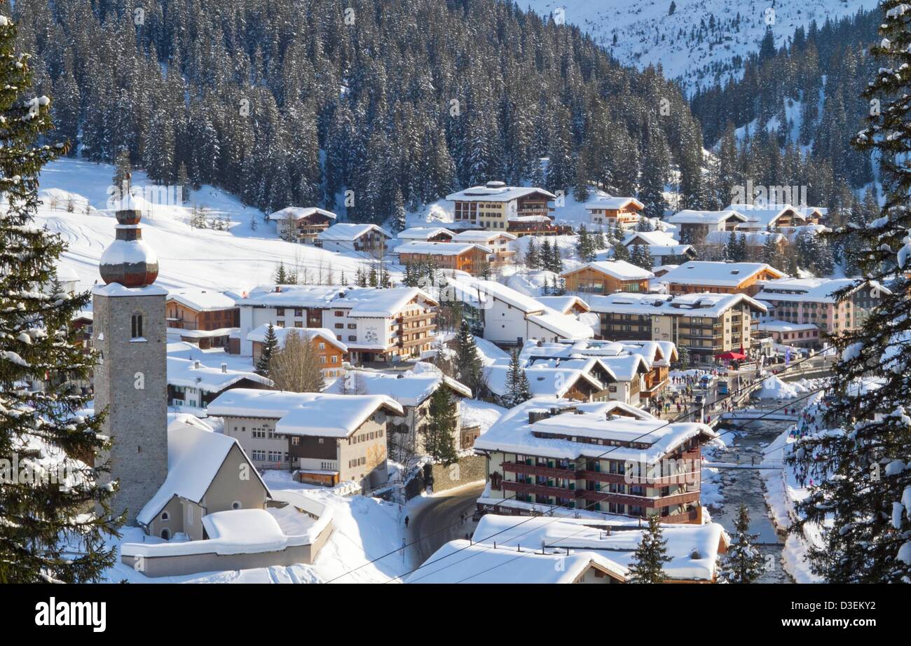 View of ski resort Lech, Austria, and the St. Nikolaus Kirche, pictured ...