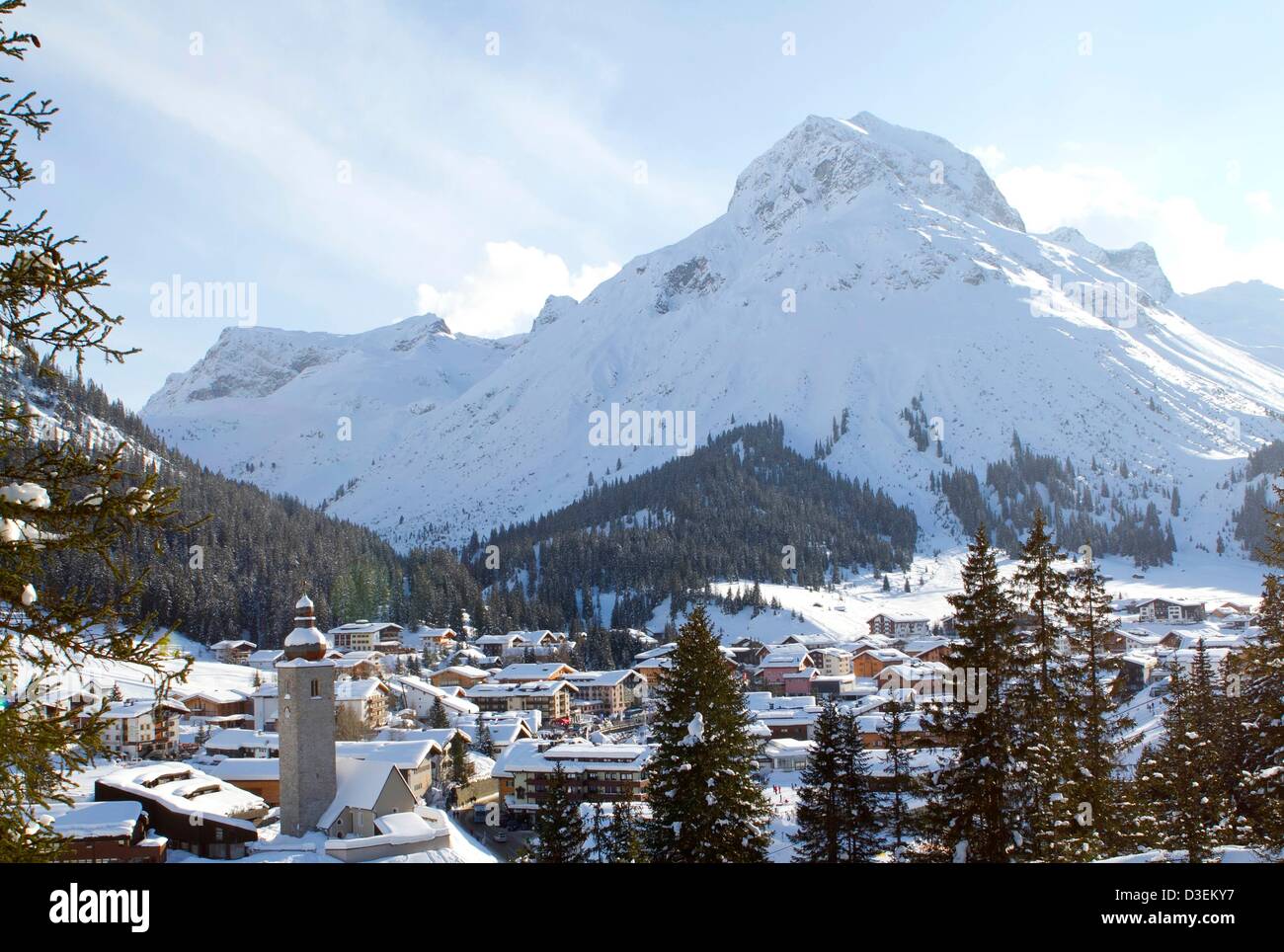 View of ski resort Lech, Austria, and the St. Nikolaus Kirche, pictured ...