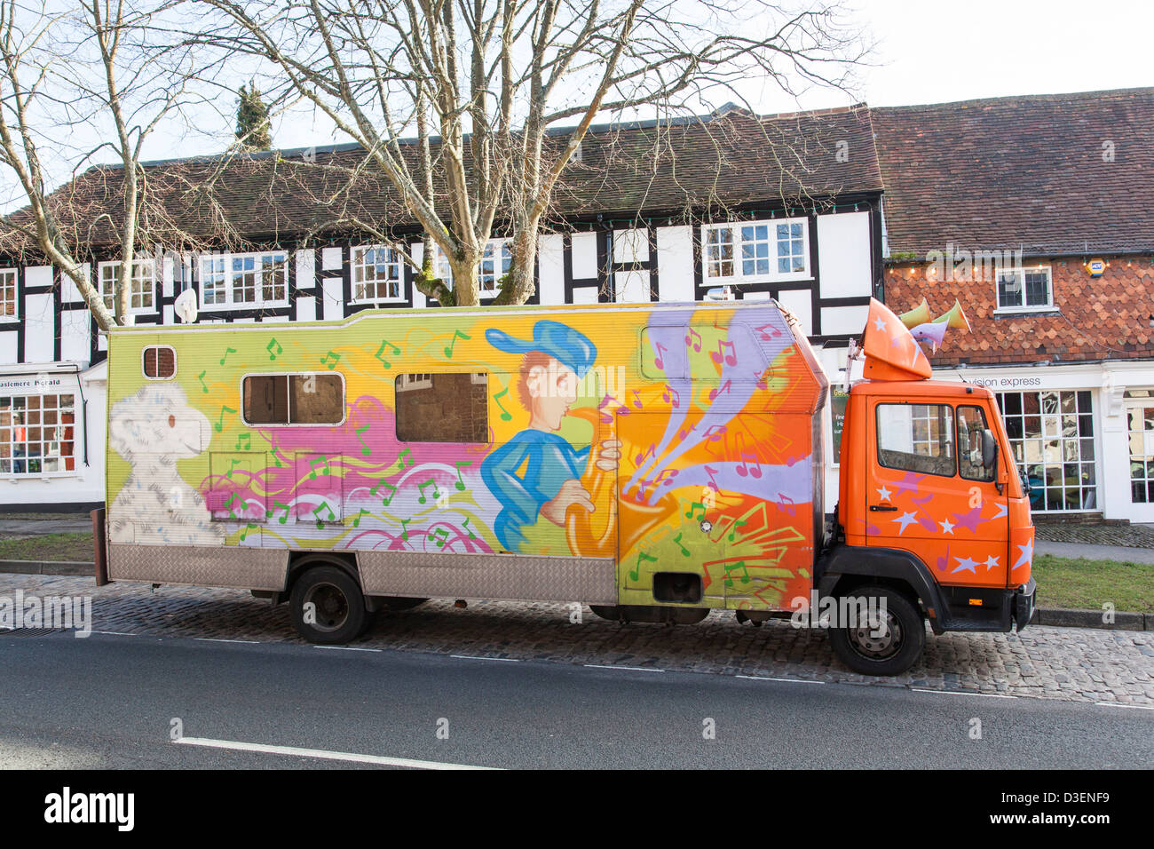 Large lorry converted into a campervan and decorated with a musical ...
