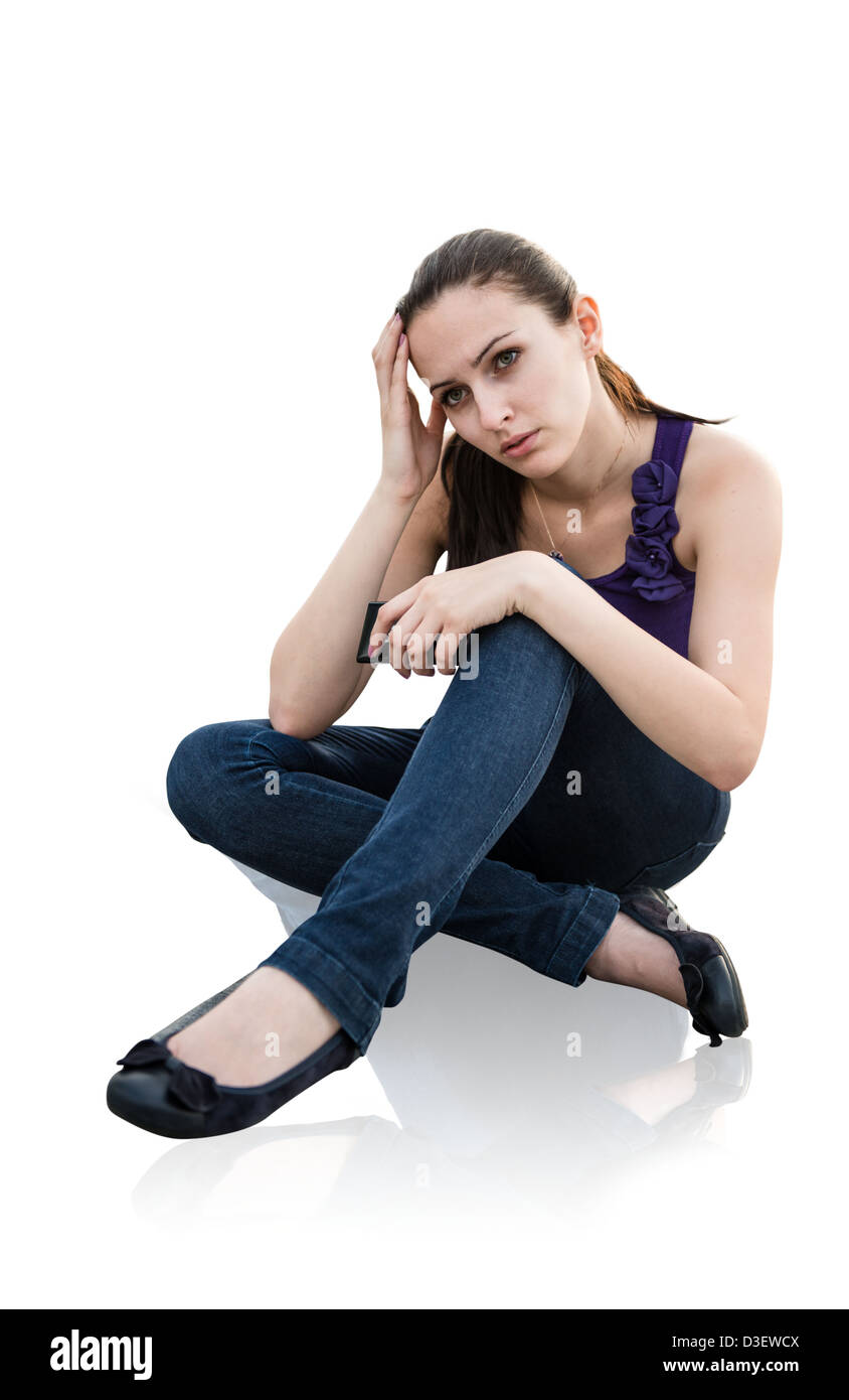 Young beautiful woman in depression - isolated on white Stock Photo - Alamy
