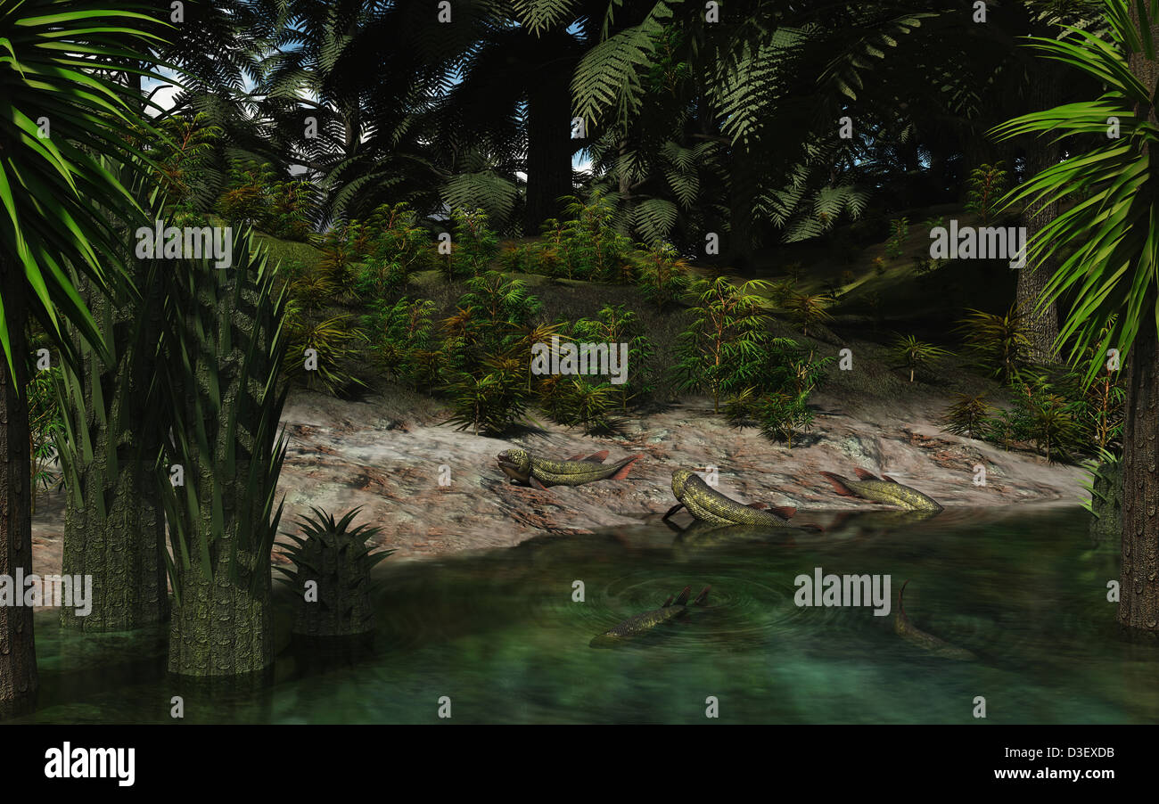 Dipterus fish emerge from a Devonian freshwater lake Stock Photo - Alamy