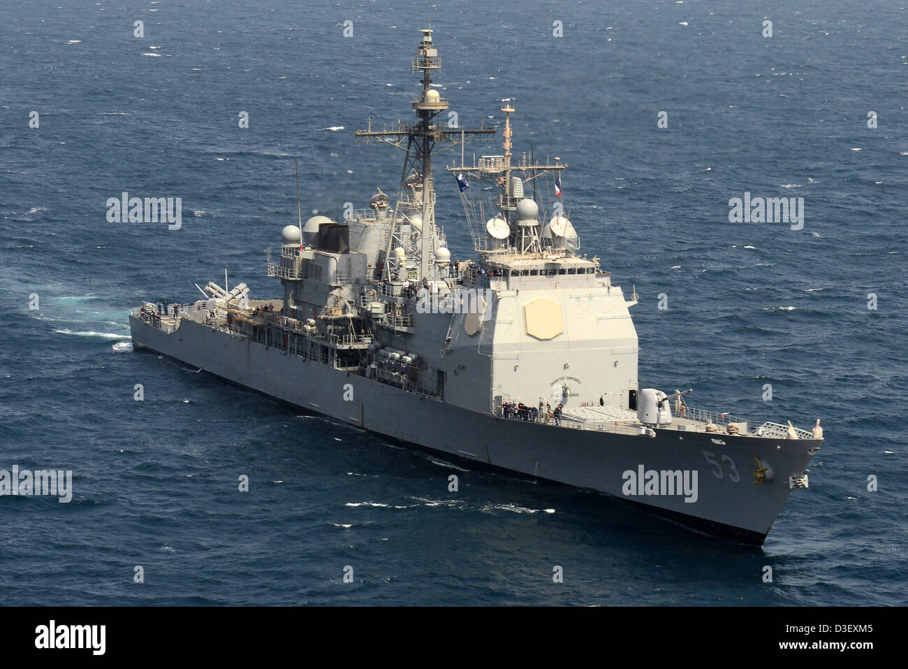 Aerial view of the US Navy guided-missile cruiser USS Mobile Bay ...