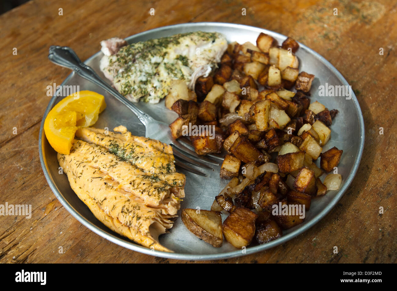Shore lunch of Arctic char fillets near Dillingham Alaska Stock Photo ...