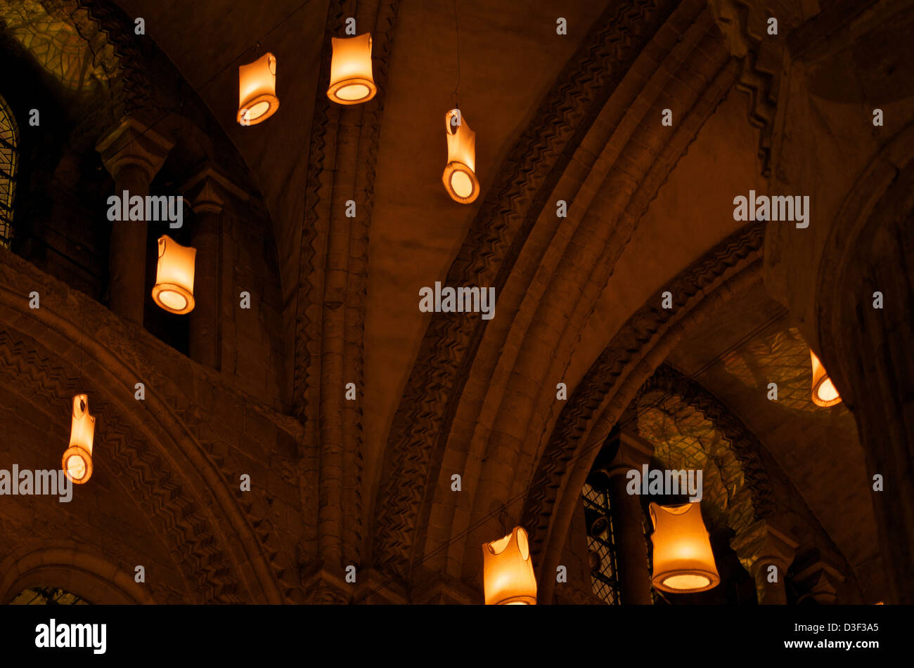 The ceiling and arches of Durham Cathedral lit up by a series of vests ...