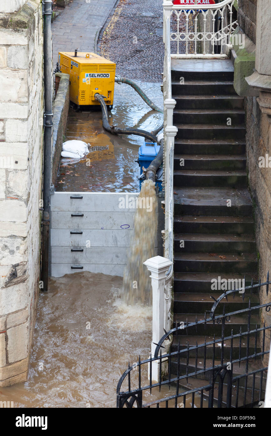 Flood defences during a flood event in the centre of York, Nov 2012 ...