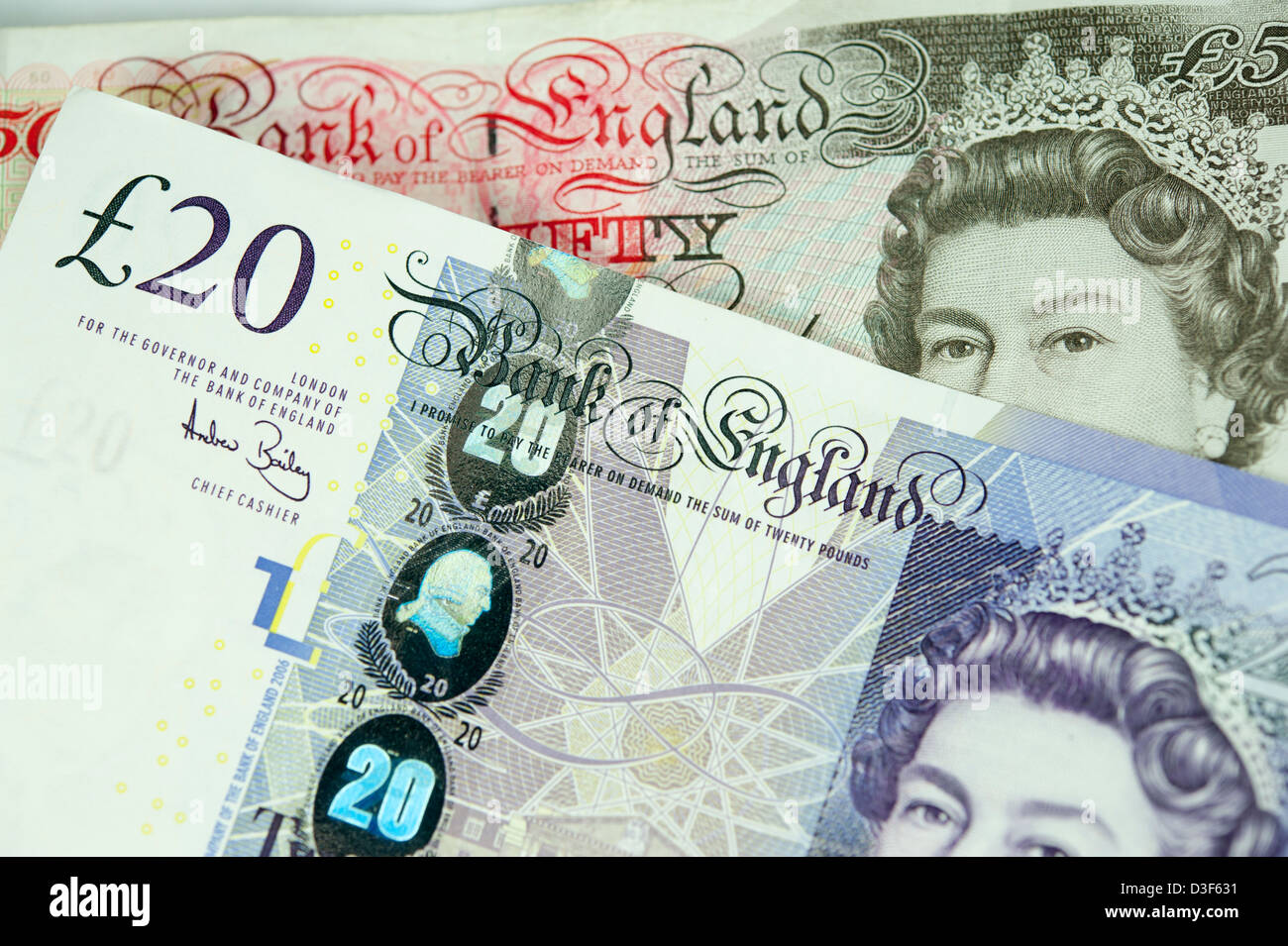 A close up photograph of a British twenty and fifty pound bank notes ...