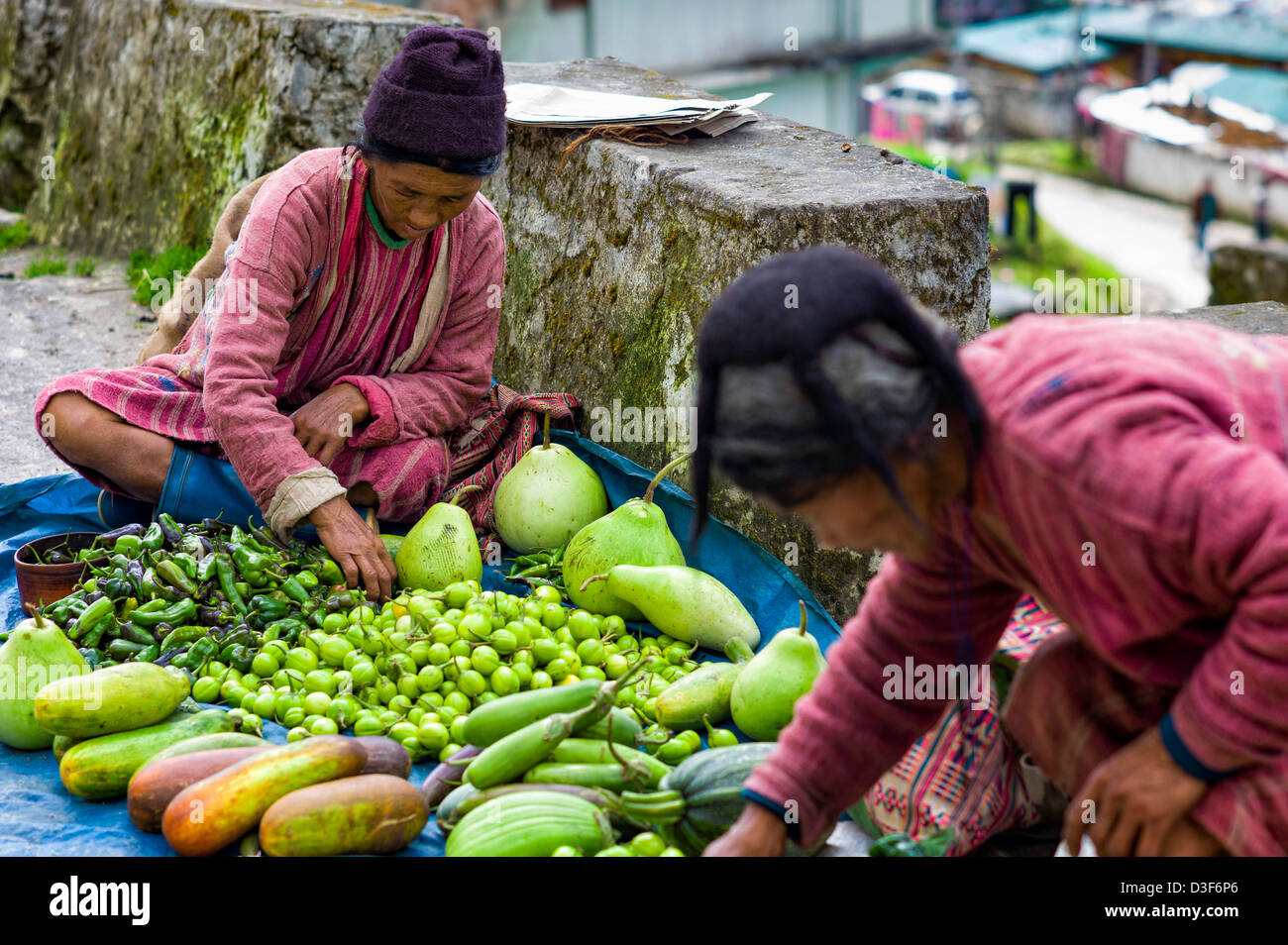 Women from the Monpa tribe sell home grown fruit and vegetables at the ...
