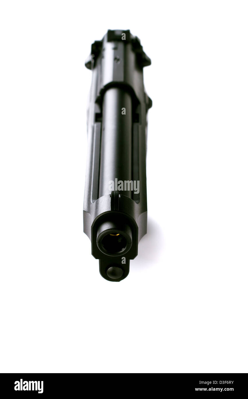 Detail view of a realistic airsoft gun isolated on a white background ...