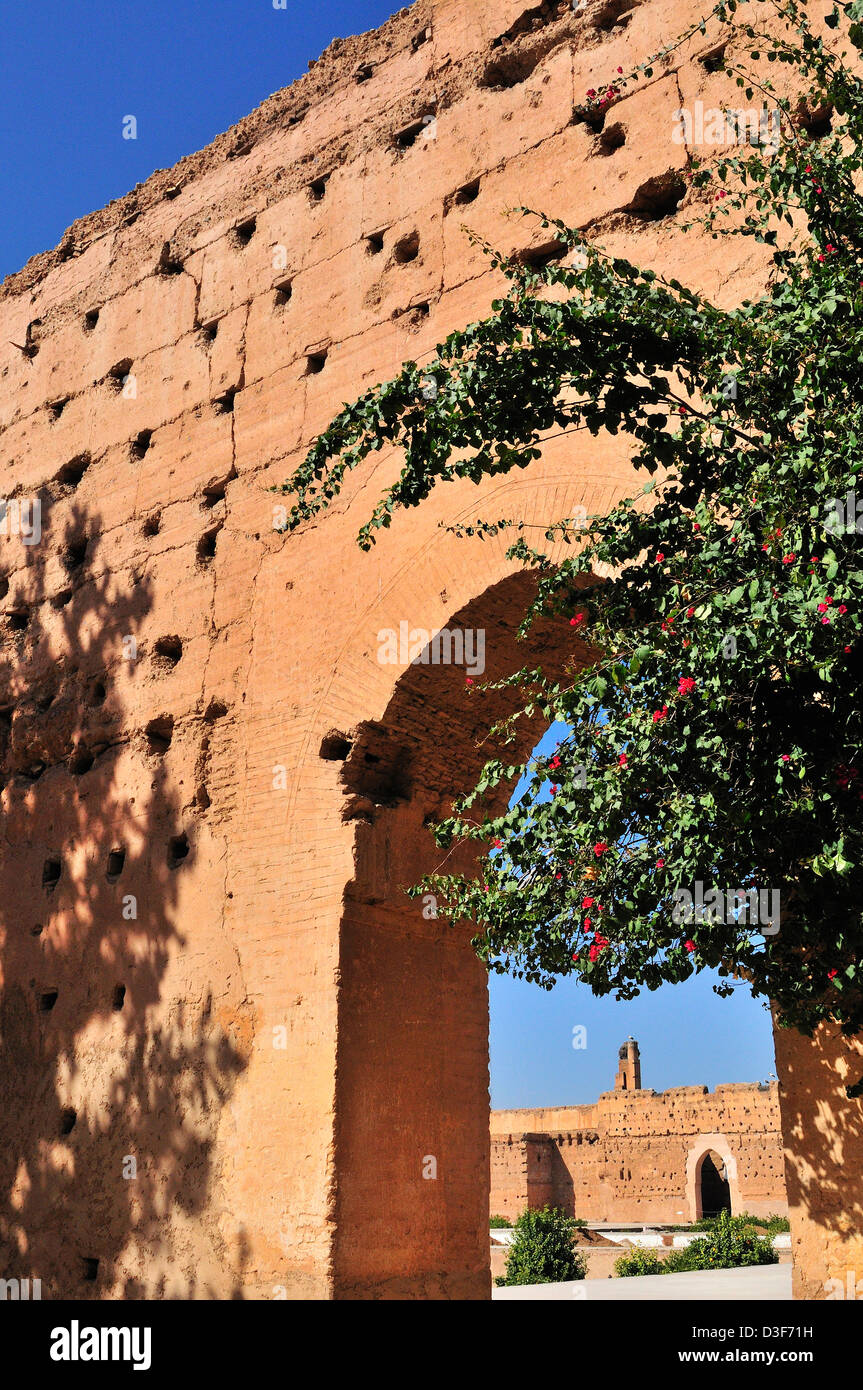 View through arch of the remnants el Badi Palace -a palace commissioned ...