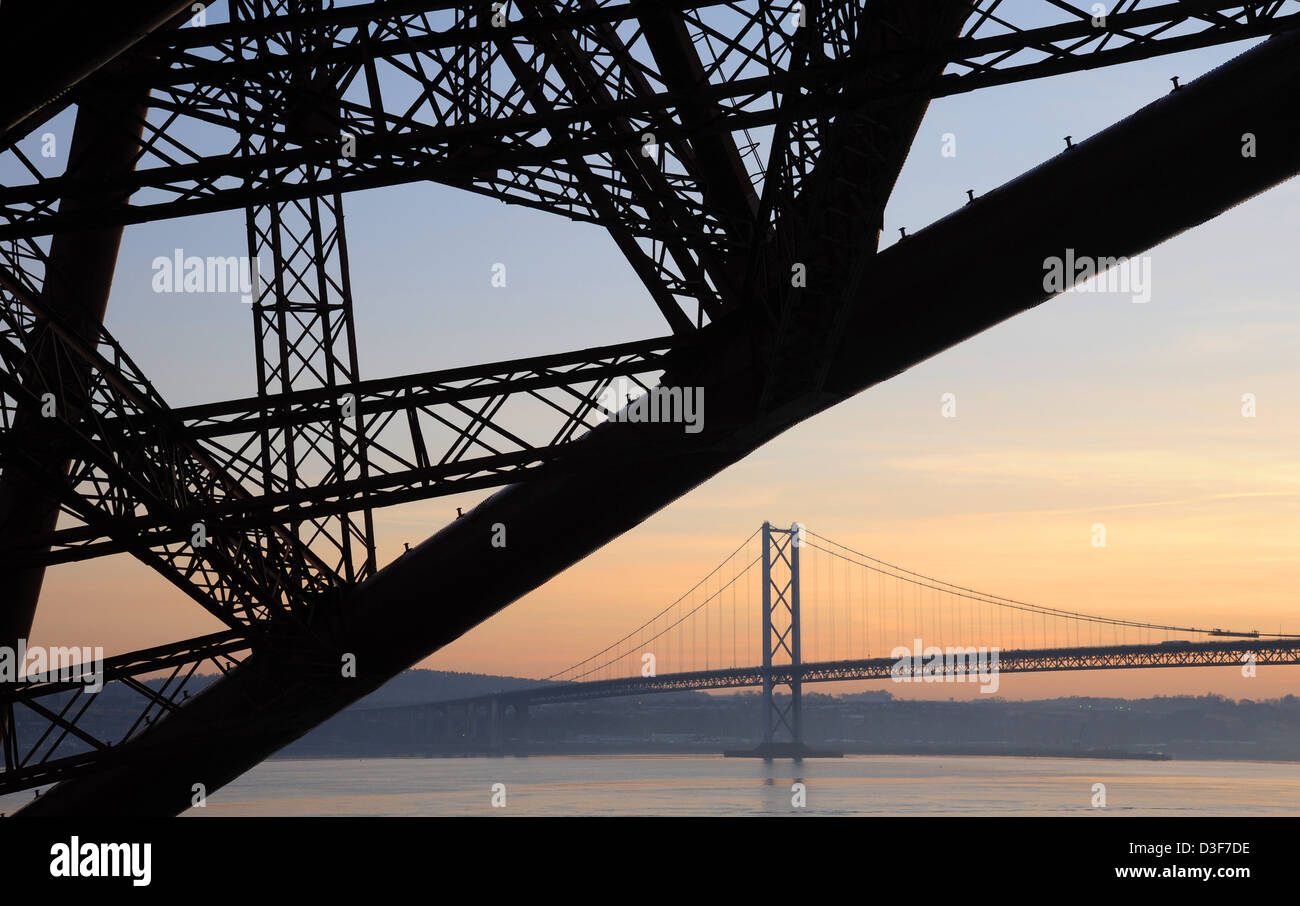 The Forth Road Bridge (background) from under the Forth Bridge ...