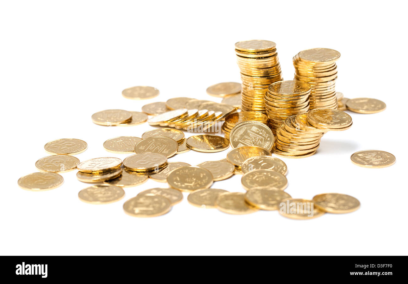 The golden coins close up background on white Stock Photo - Alamy