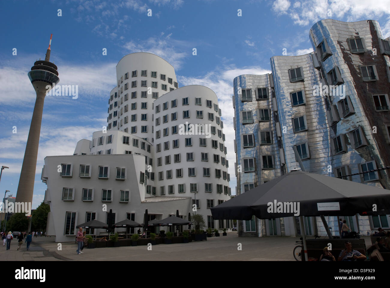 Gehry buildings and Rhine tower in the Media Hafen Dussledorf Germany ...