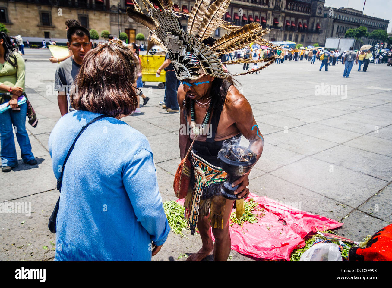 Aztec shaman doing a "limpia" (cleansing), Zocalo Square, Mexico DF ...