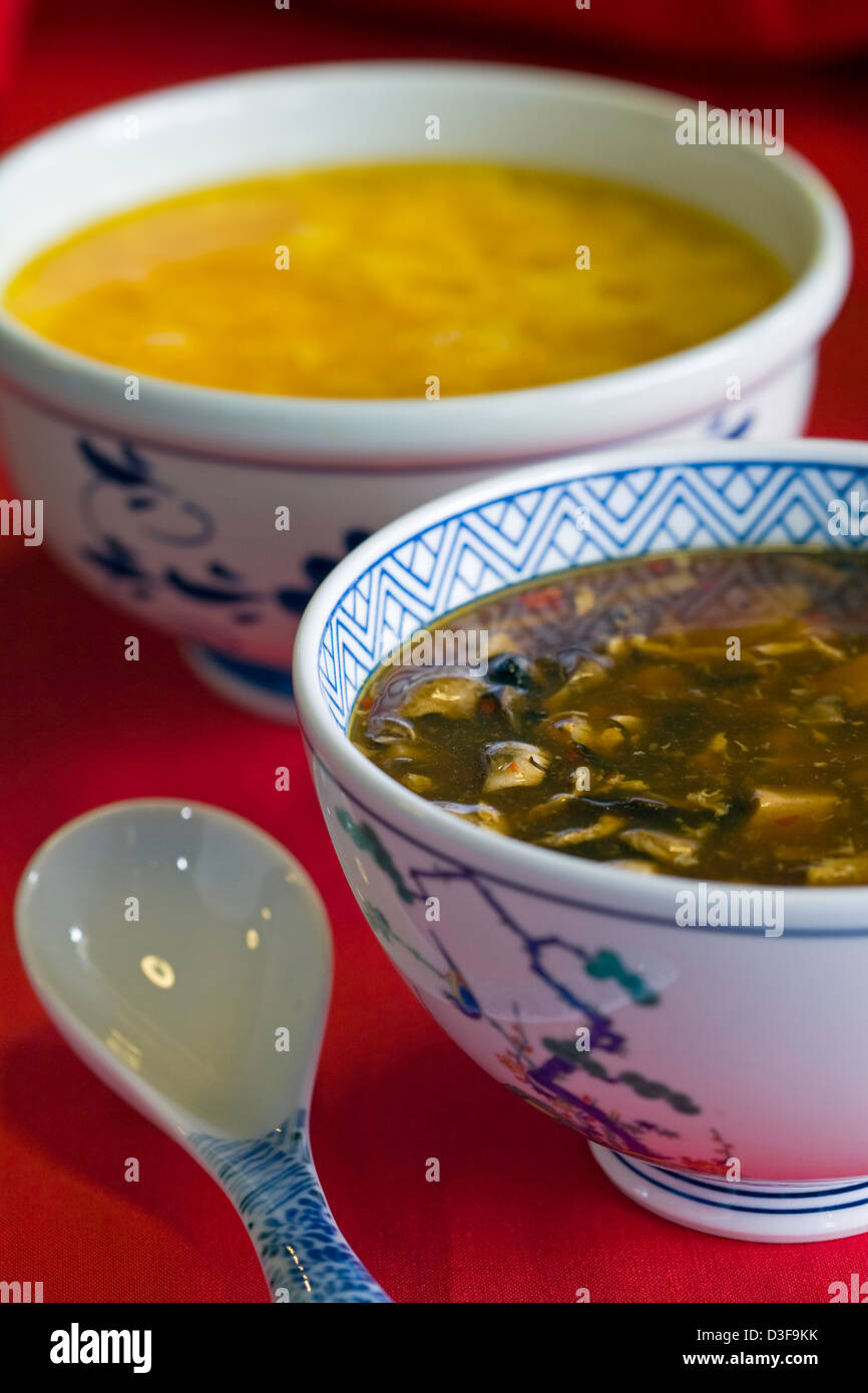 Hot and Sour Soup and Egg Flower Soup entrees Chinese food Stock Photo ...