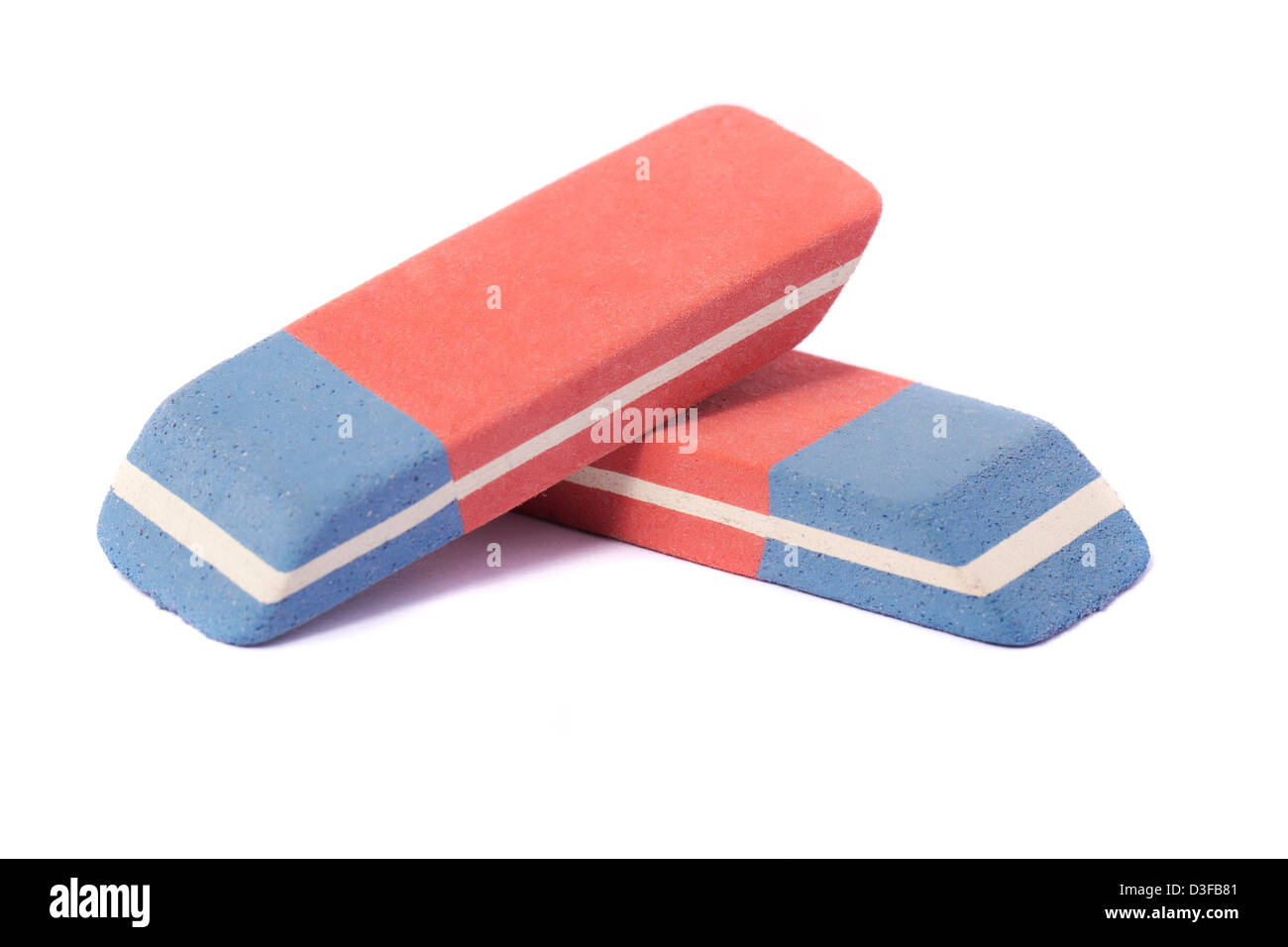 Close up view of a blue and red eraser isolated on a white background ...