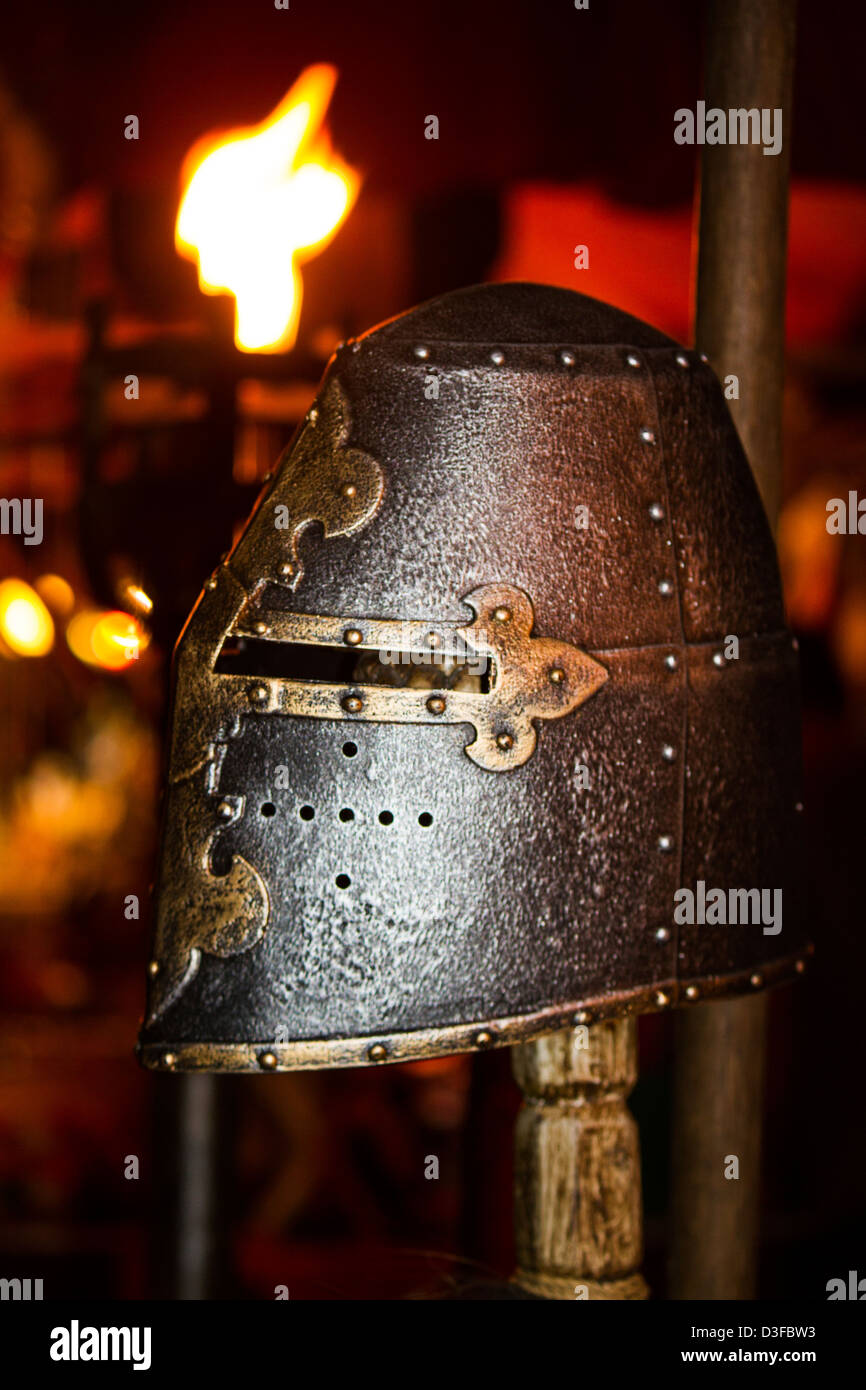 Close view detail of an iron medieval helmet on display Stock Photo - Alamy