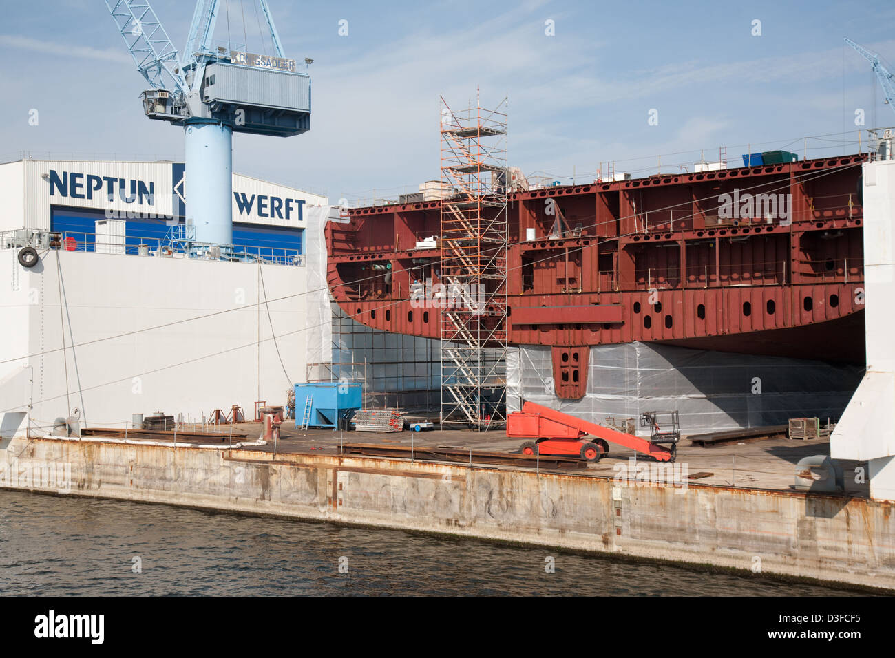 Warnemuende, Germany, a ship in dry dock the Neptune shipyard Stock ...