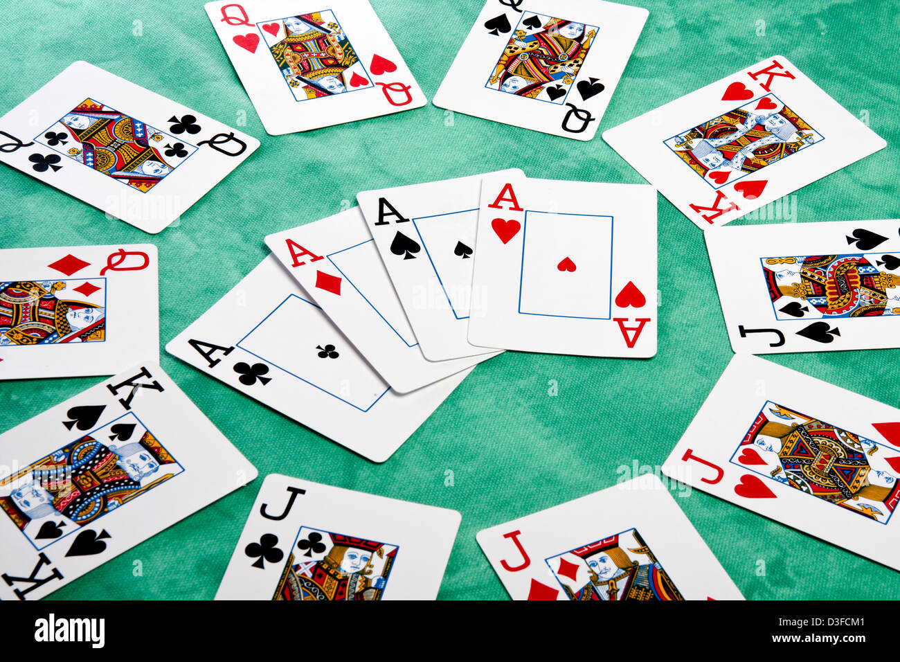 Close up view of a circle of playing cards spread on a green cloth ...