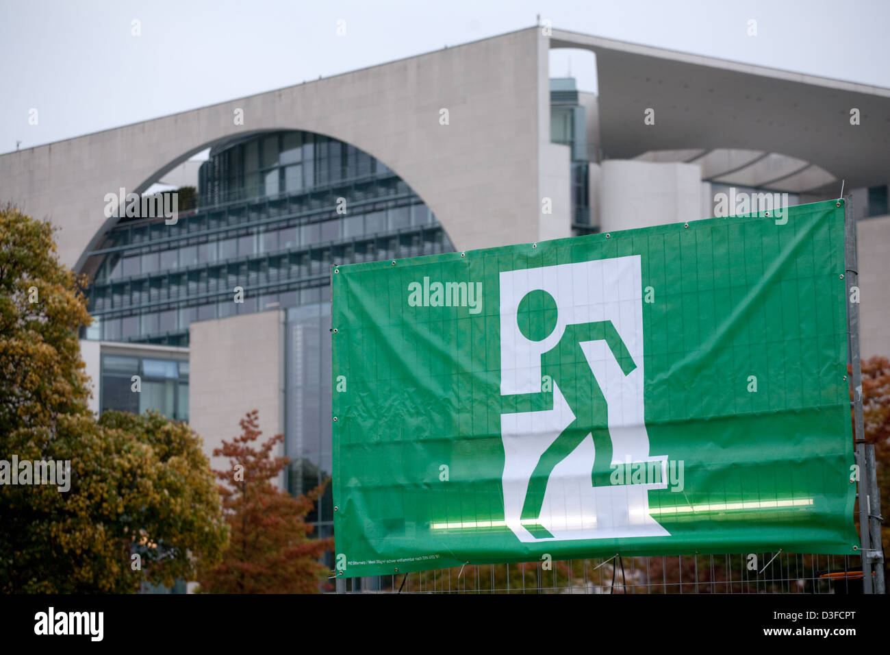 Berlin, Germany, huge emergency exit sign for the Day of German Unity ...