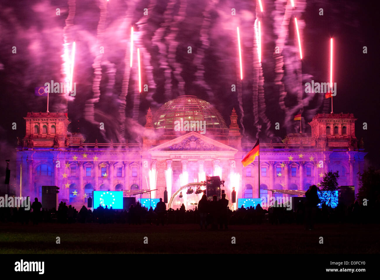 Berlin, Germany, the Reichstag and fireworks lit the Day of German ...