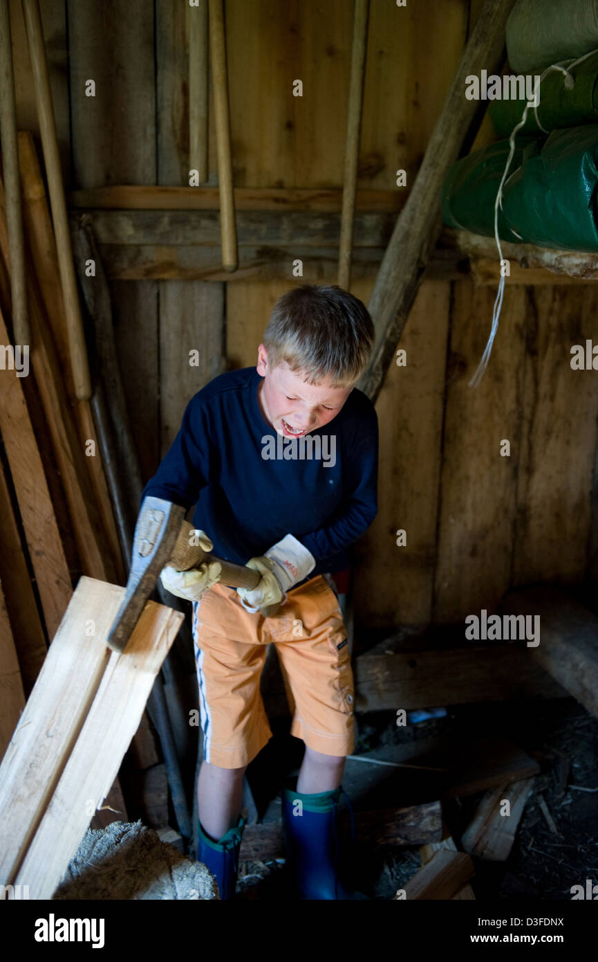 Blatti Alm, Switzerland, a boy chopping wood Stock Photo - Alamy