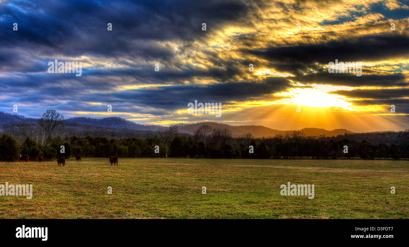 A beautiful sunset over a rural farm field Stock Photo - Alamy