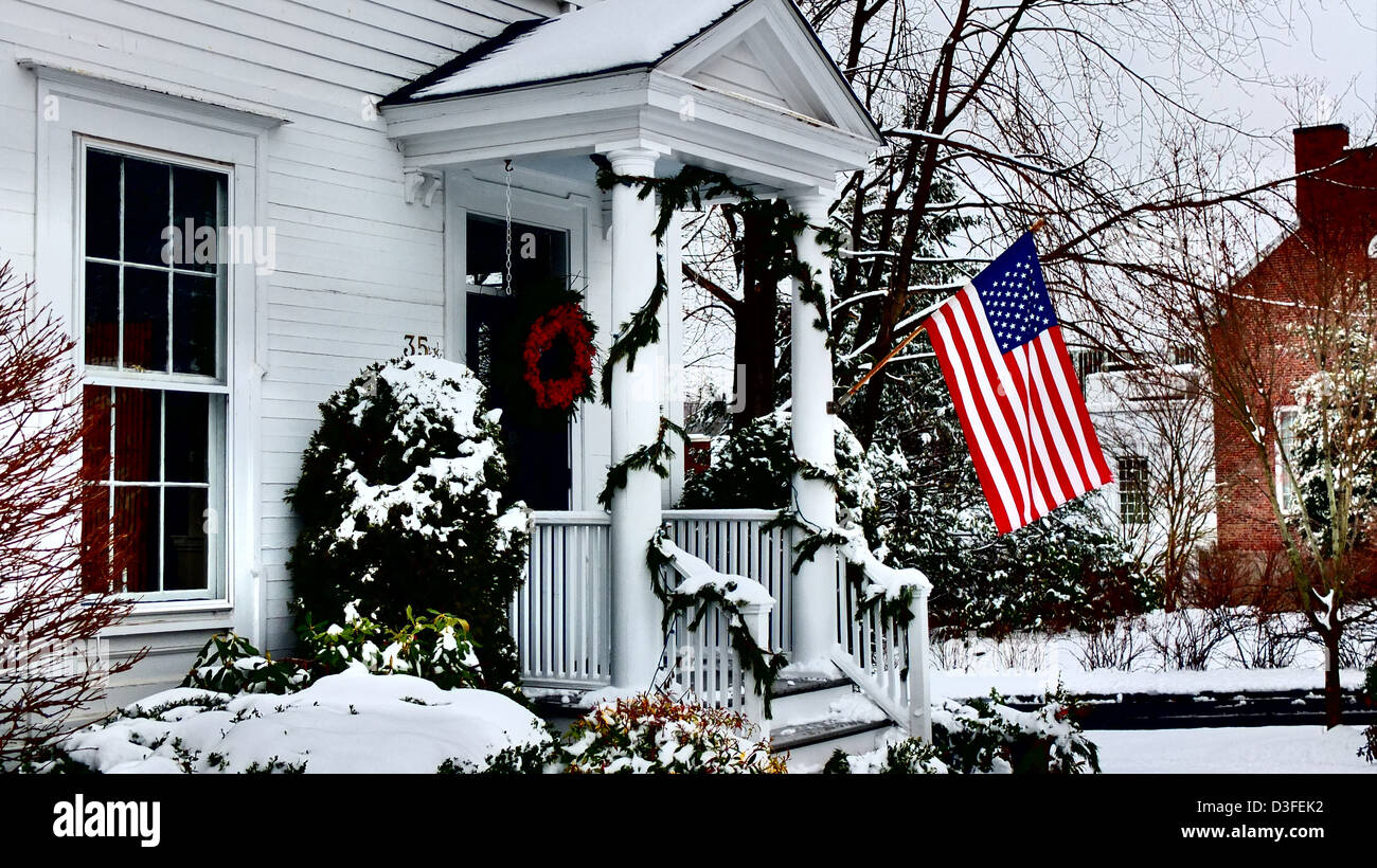 Idyllic winter scene in Newtown CT, USA. One month after the School ...