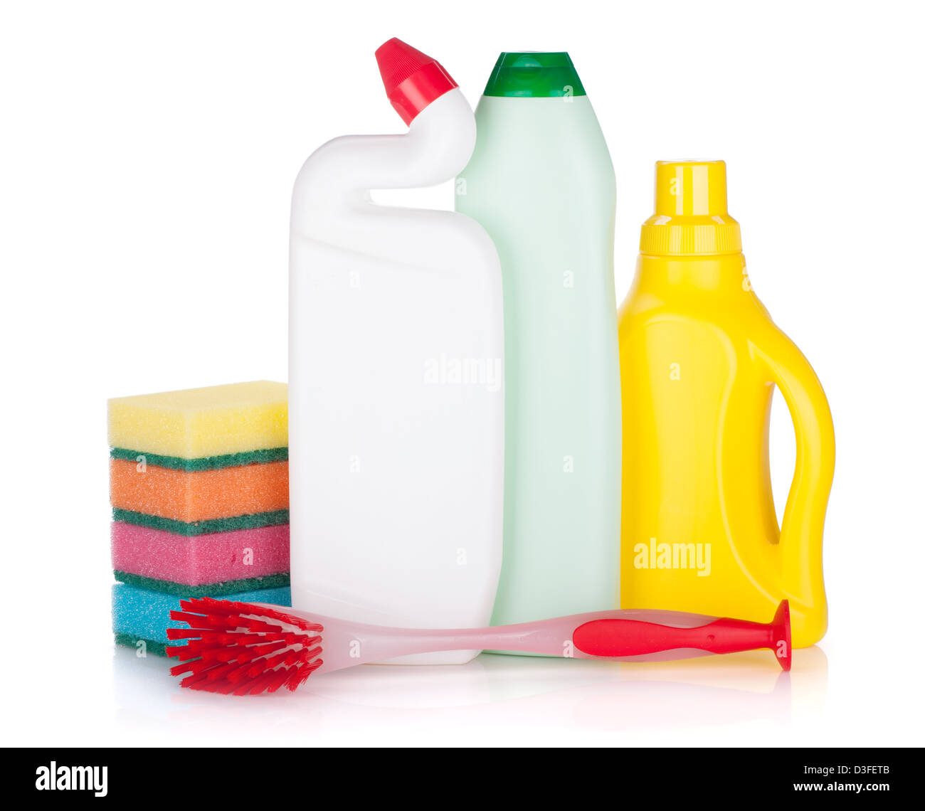 Plastic bottles of cleaning products, sponges and brush. Isolated on ...