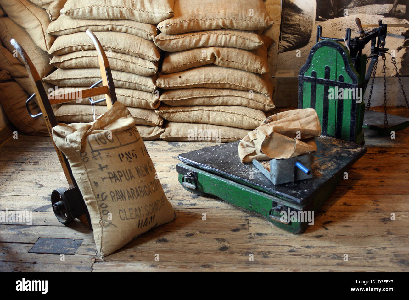 Hamburg, Germany, jute bags of coffee beans and a balance Stock Photo ...