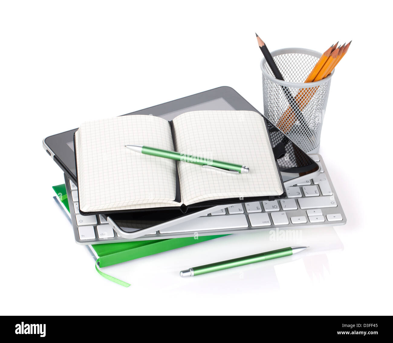 Office supplies and computer keyboard. Isolated on white background ...