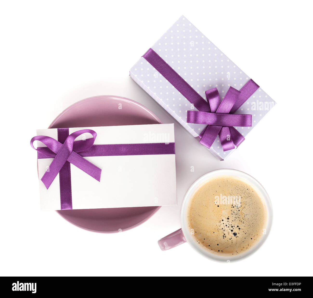 Violet coffee cup, gift box and love letter with bow. View from above ...