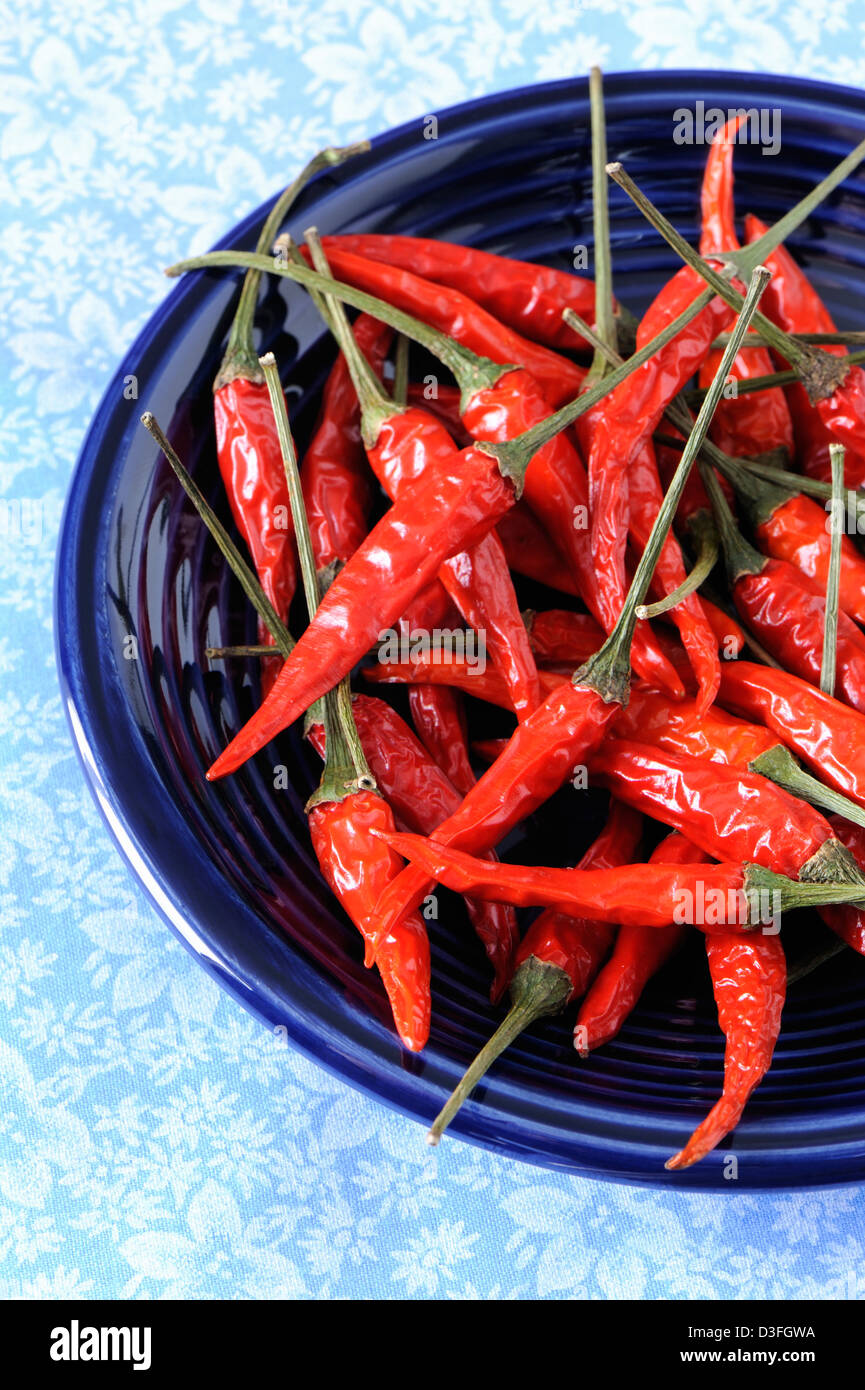 Red hot chili peppers in a blue plate, on a light blue background Stock ...