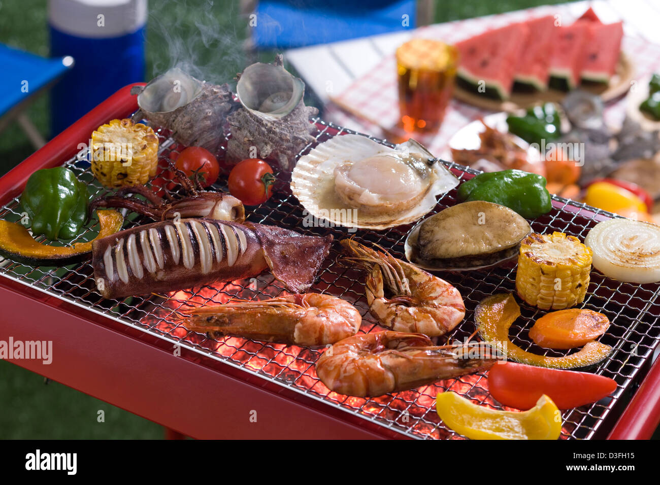 Seafood Grilled on Barbecue Grill Stock Photo - Alamy