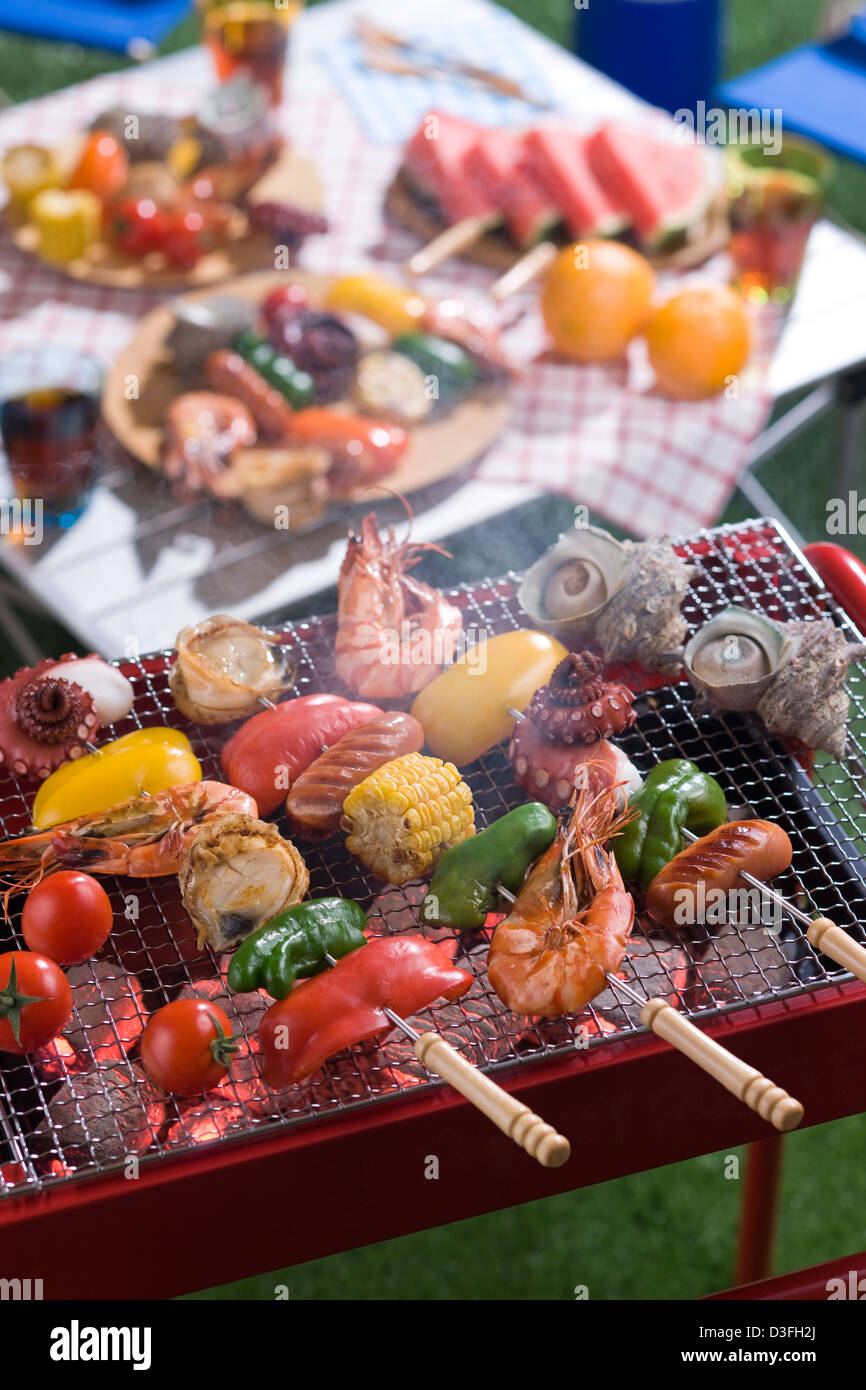 Skewered Seafood and Vegetable Grilled on Barbecue Grill Stock Photo ...