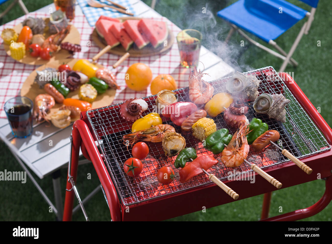 Skewered Seafood and Vegetable Grilled on Barbecue Grill Stock Photo ...