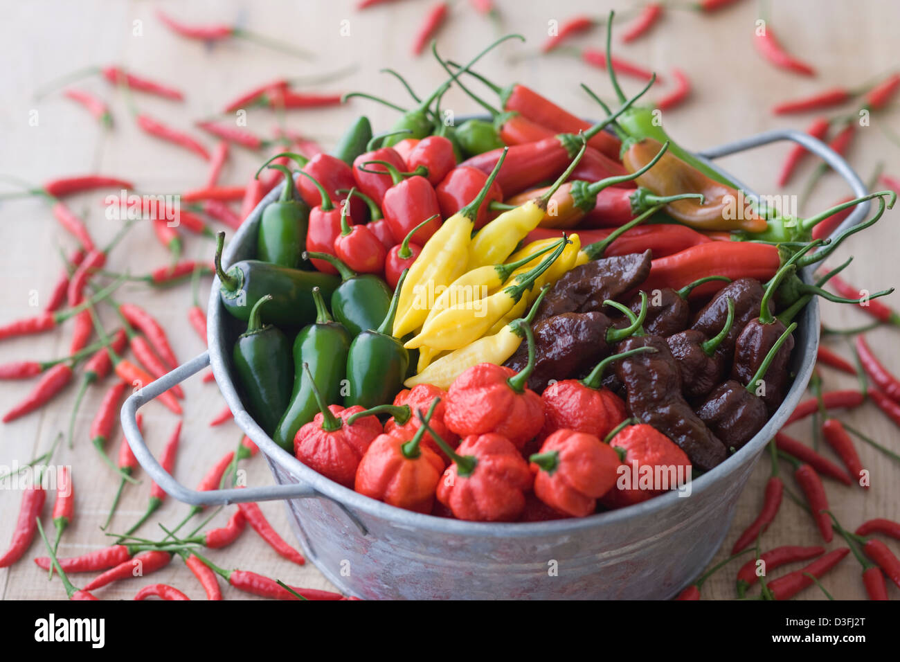 Assorted Multicolored Chili Pepper in Bucket Stock Photo - Alamy
