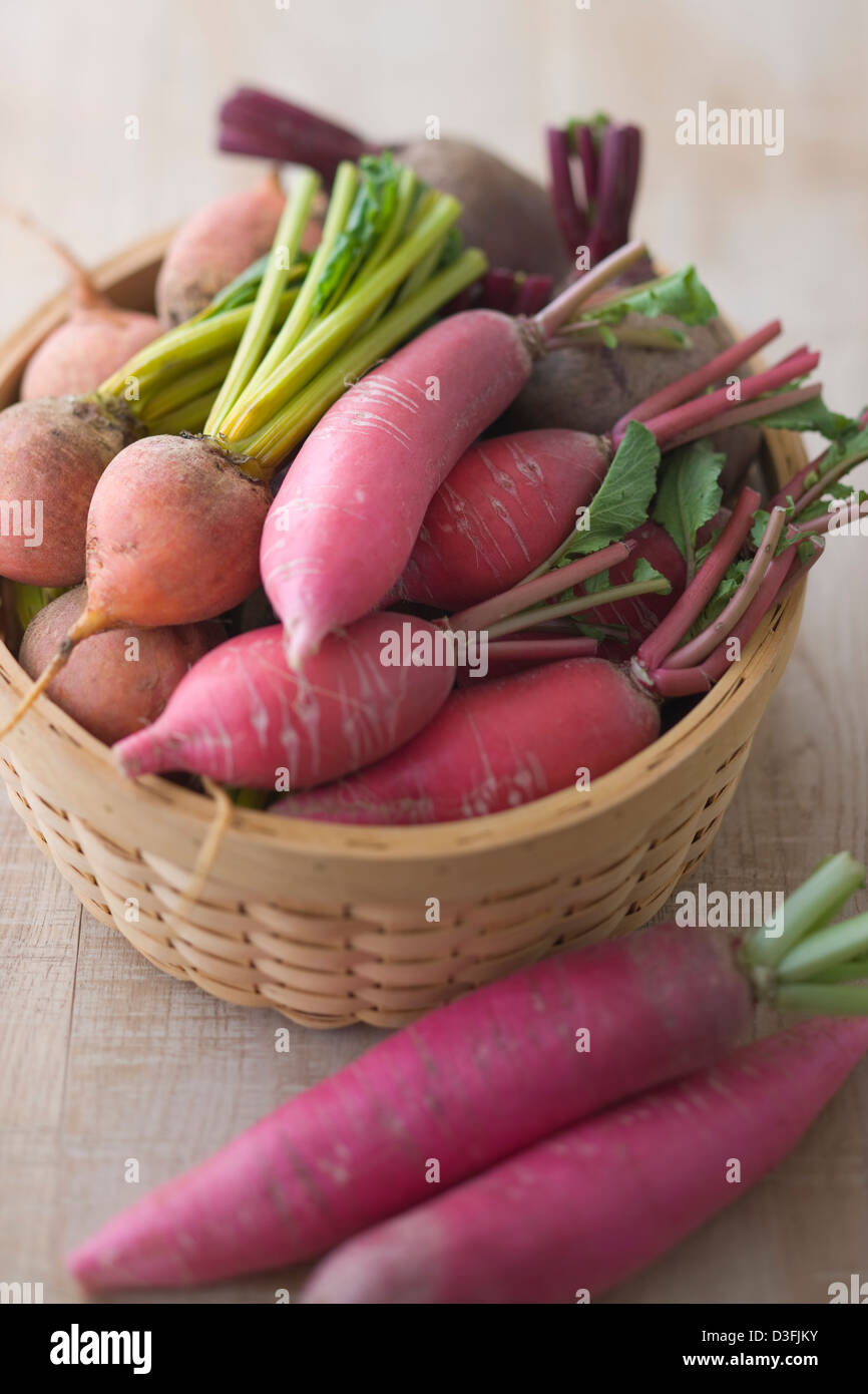 Beet and Red Daikon Radish in Basket Stock Photo - Alamy