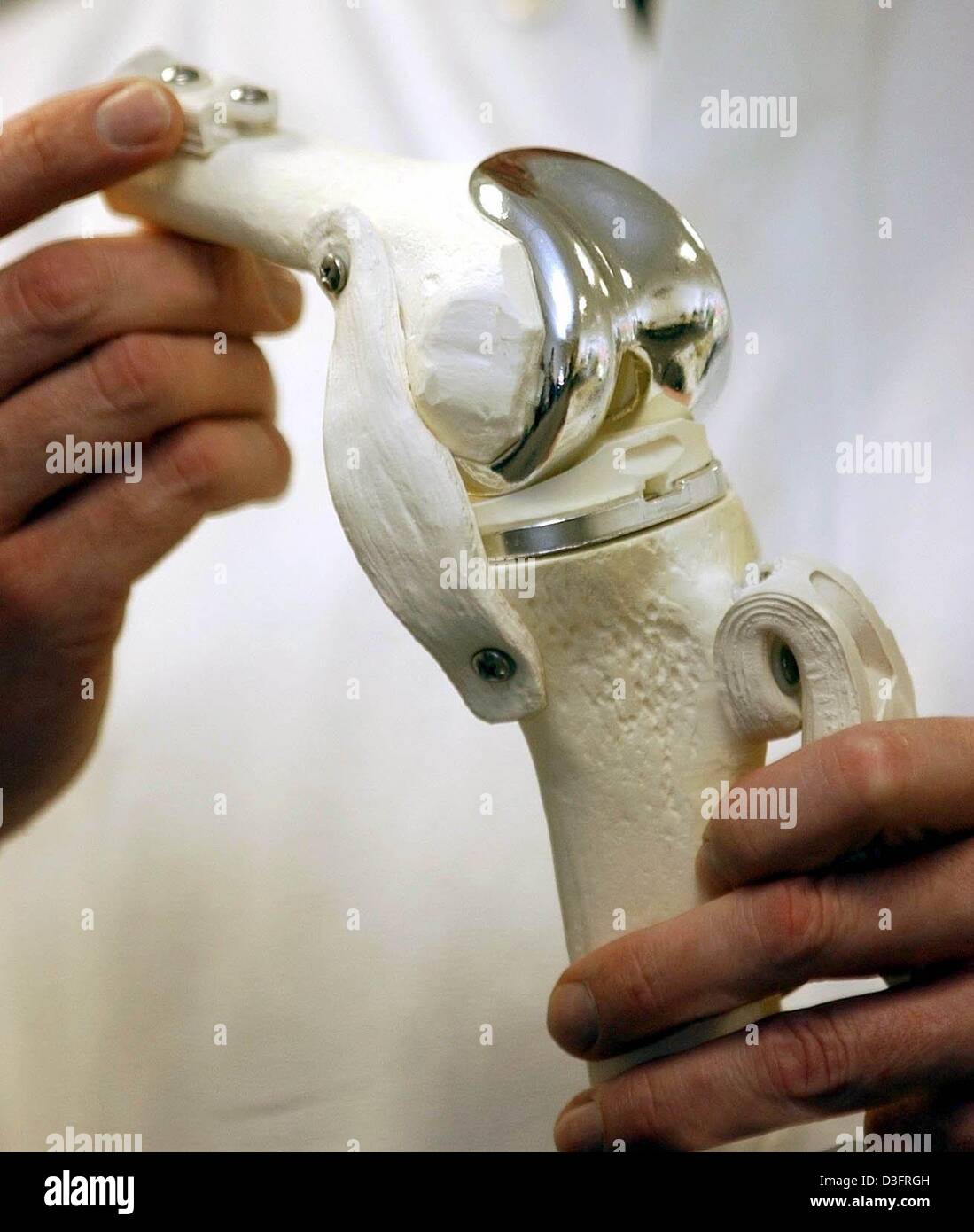(dpa) - A doctor is demonstrating an artificial knee with a prosthesis ...