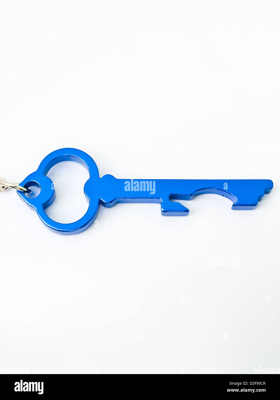 A blue stainless steel key's key-chain isolated on white background ...