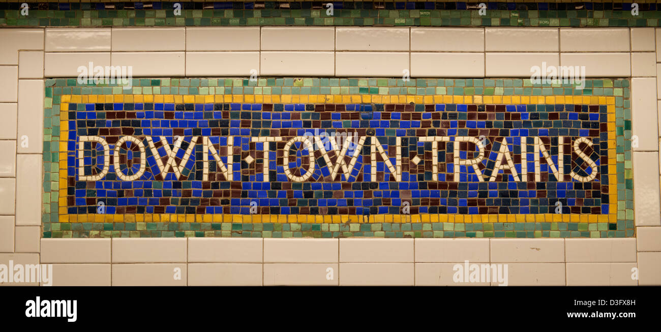 Mosaic sign indicating platform for downtown trains in New York's ...