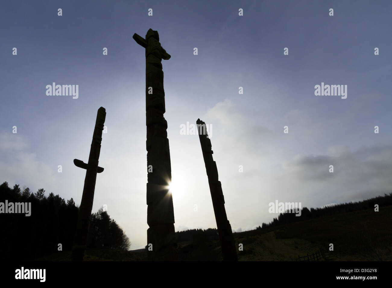 Three totem poles that overlook the village of Stonehaugh in Wark ...