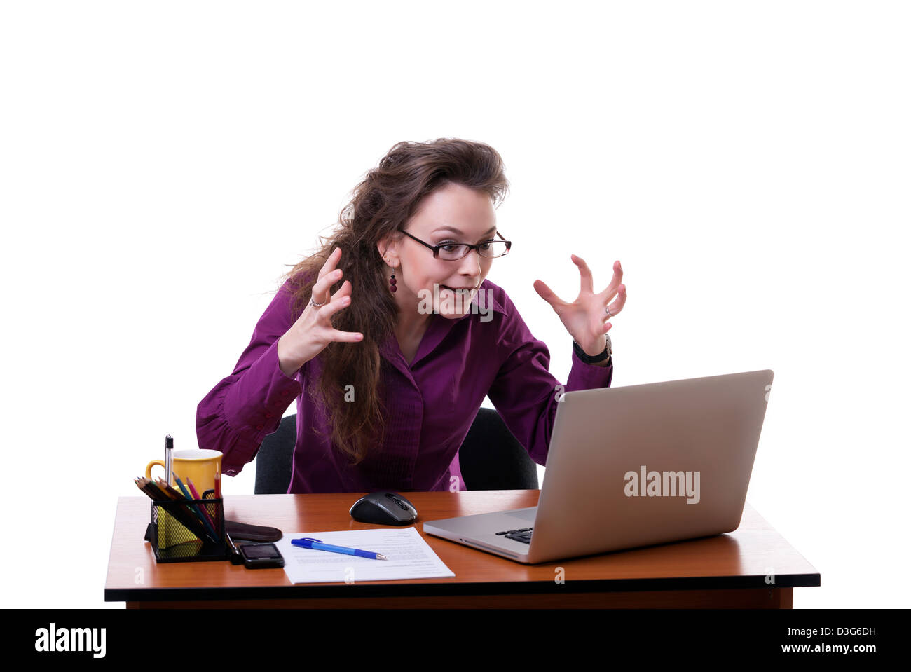 businesswoman screaming at an office table isolated on white background ...
